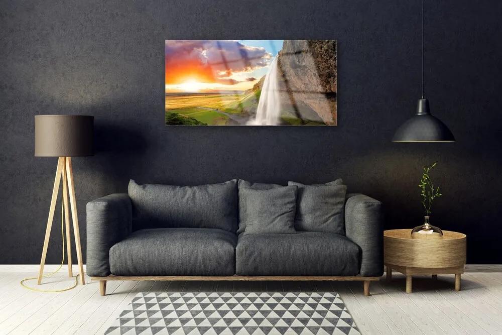 Obraz na skle Vodopád Slunce Krajina 120x60 cm