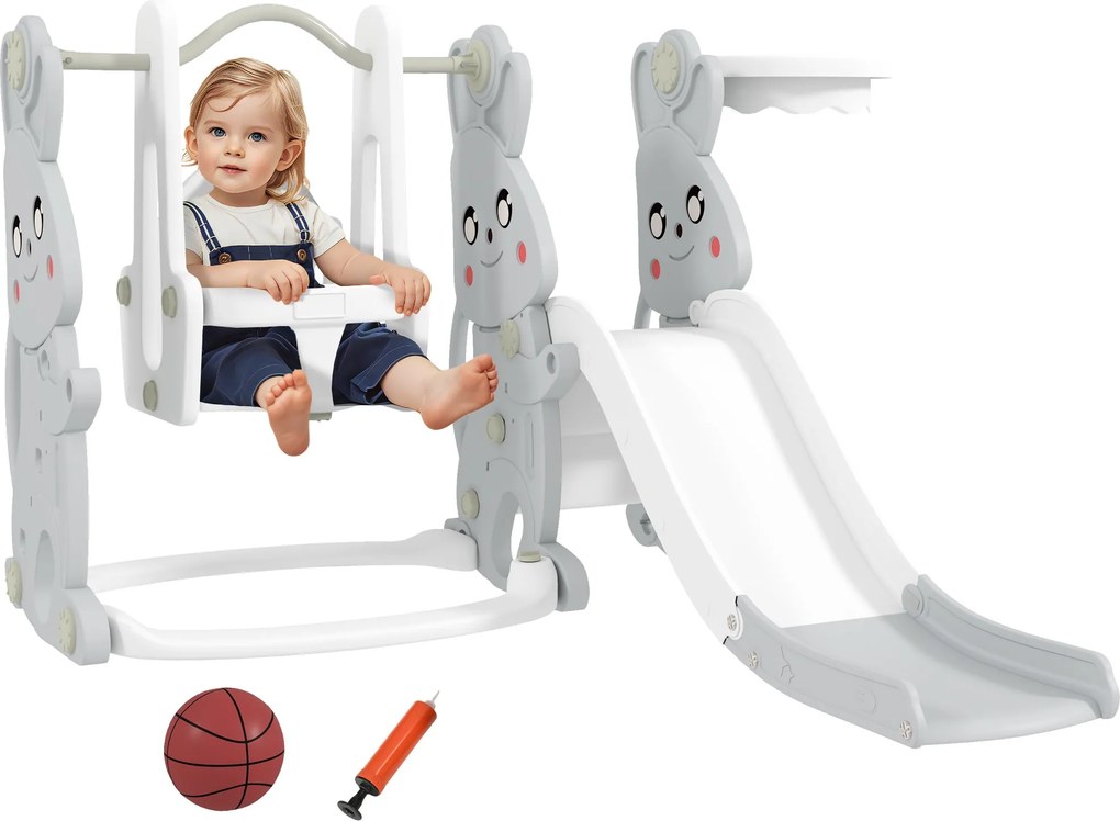 AIYAPLAY Skluzavka 4 v 1 pro batolata se houpačkou, lezeckou konstrukcí, basketbalovým košem, dětské hřiště se zajíčkem pro děti od 1,5 do 4 let, šedá