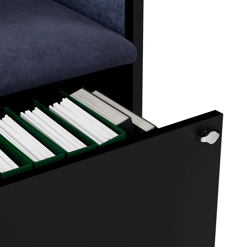 Kancelářská akustická kabina se sedátkem a USB-C portem, korpus černý / sedák námořnická modrá, 1150 mm: SALLY MentalBox