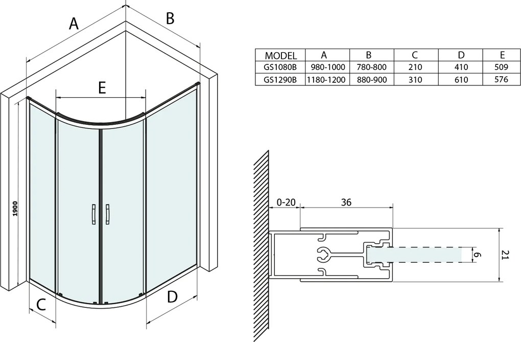 Gelco SIGMA SIMPLY BLACK čtvrtkruhová sprchová zástěna 1200 x 900 mm R550 L/R čiré sklo GS1290B
