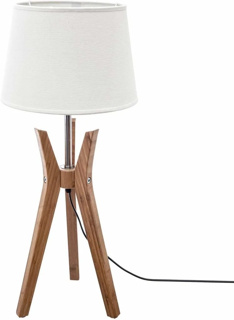 Lampa trojnožka s lněným stínítkem bílé barvy, designová stolní lampa na bambusovém podstavci