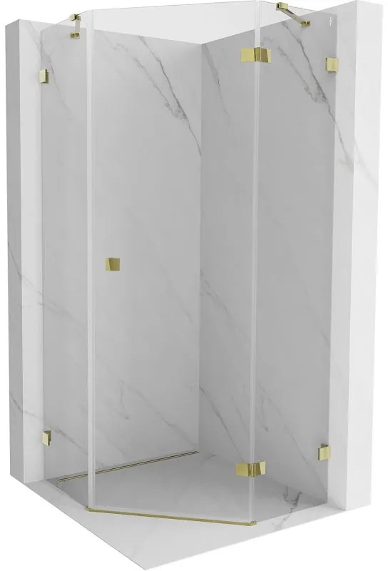 Mexen Lunar, pětiúhelníkový sprchový kout naklápěcí vpravo 80 x 80 cm, 8mm čiré sklo, zlatý profil, 831-080P-080L-50-00-P