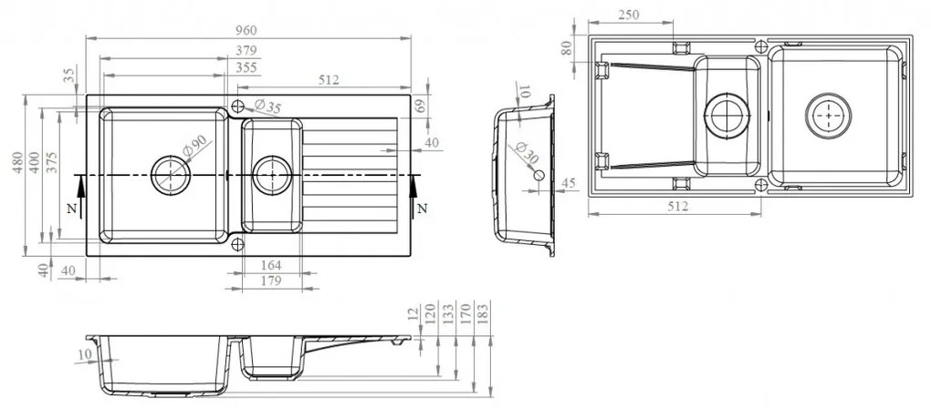 Vima 922- Granitový dřez, 1,5-sektoru, s odkapávací plochou, 960x480x183mm, Písková