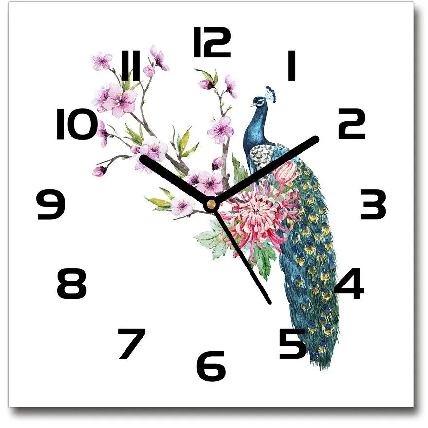 Wallmuralia Skleněné hodiny čtverec Páv a květiny 30x30 cm