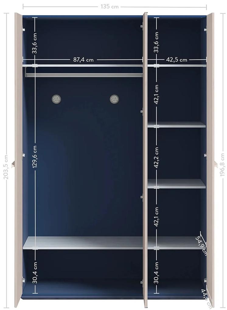 Třídveřová skříň se zrcadlem Lincoln - dub/tmavě modrá