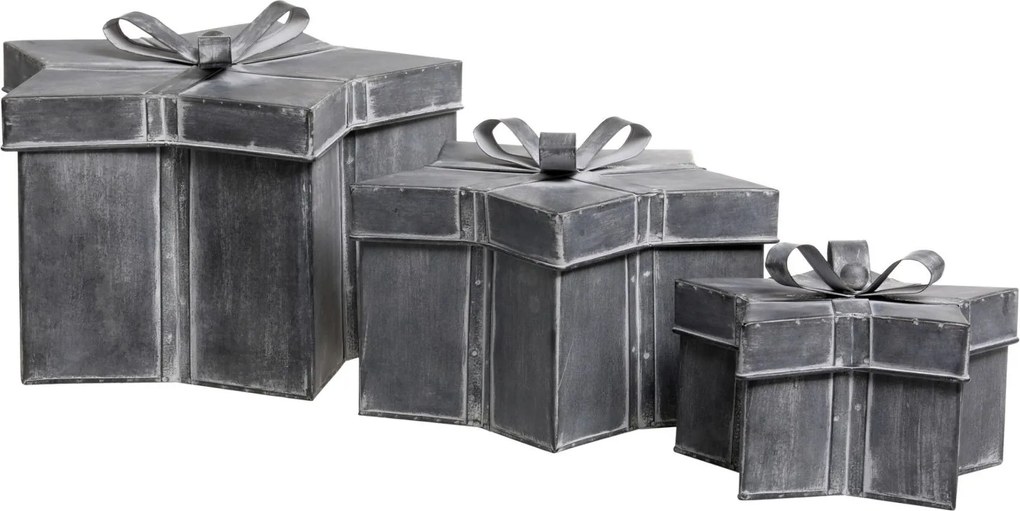 Sada 3ks kovových krabic boxů hvězda se stuhou – 29*29*18/ 24*24*14/ 19*19*10 cm
