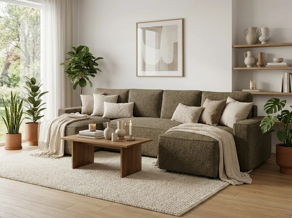 Rozkládací sedací souprava do U SMART BOUCLE 303x143 cm, tmavě béžová