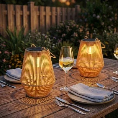 Outsunny Solární stojací lampa sada 2 ratanových závěsných solárních lamp se světelným senzorem IP44 vodotěsná solární lampa pro zahradu balkon hnědá