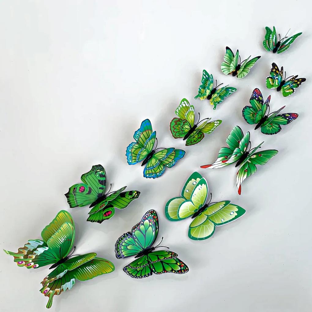 PIPPER | Samolepka na zeď "Realistické plastové 3D Motýli s dvojitými křídly - Zelené" 12ks 6-12 cm
