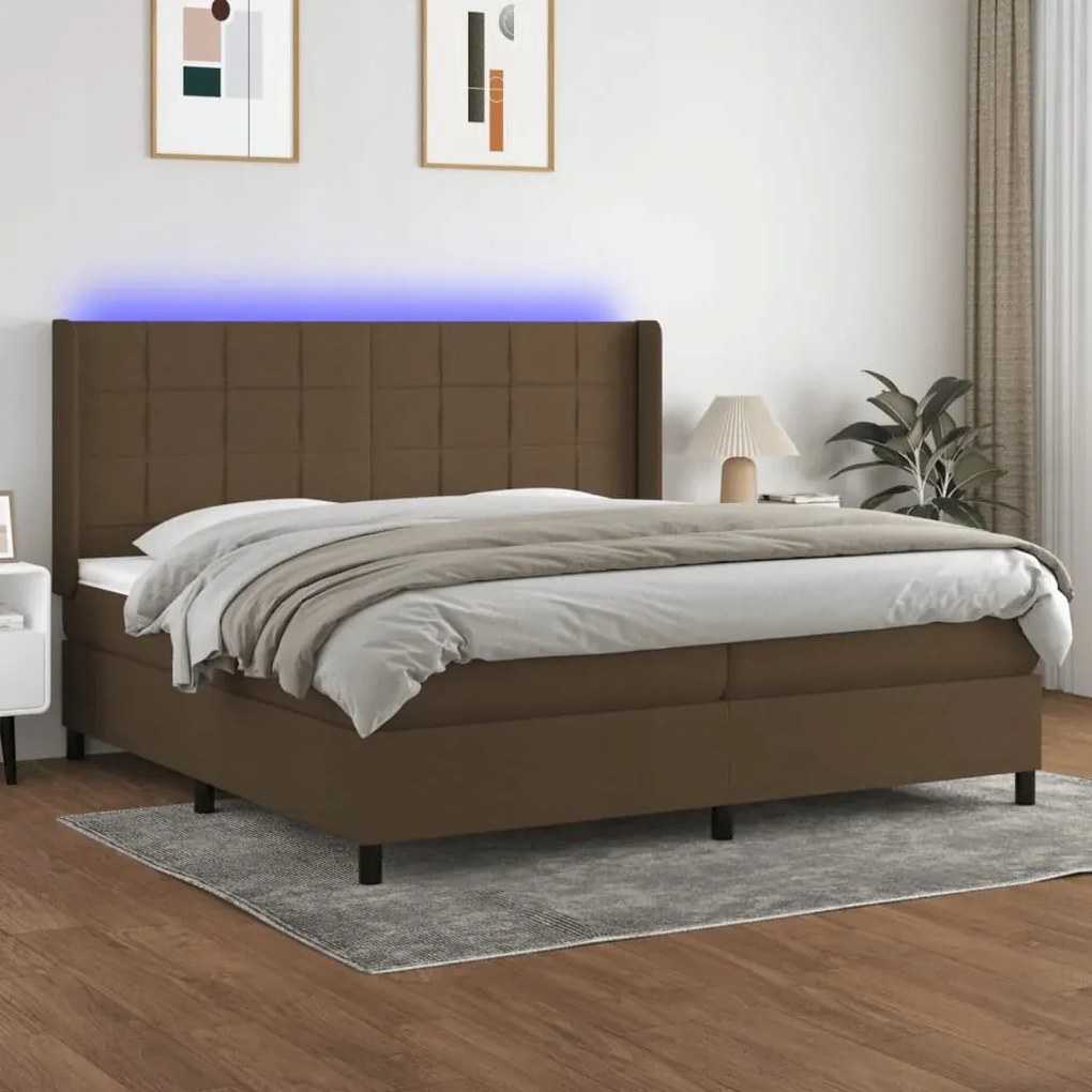Box Spring Postel S Matrací A Led Textil Tmavě Hnědá Blok se čtverci 200
