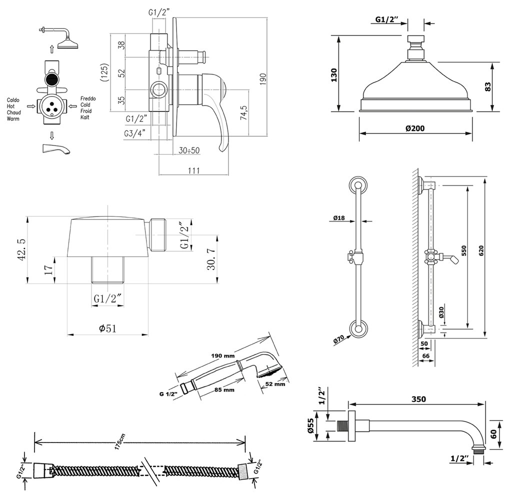 Sapho Sapho, KIRKÉ podomítkový sprchový set s pákovou baterií, 2 výstupy, bronz, KI42B-01