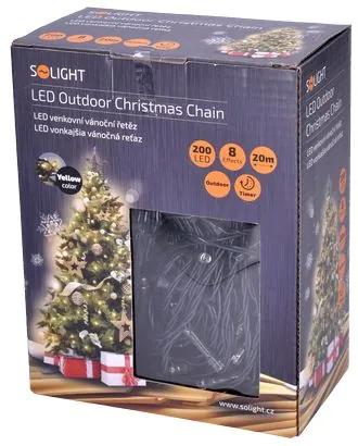 Solight LED venkovní vánoční řetěz, 200 LED, 20m, přívod 5m, 8 funkcí, časovač, IP44, teplá bílá