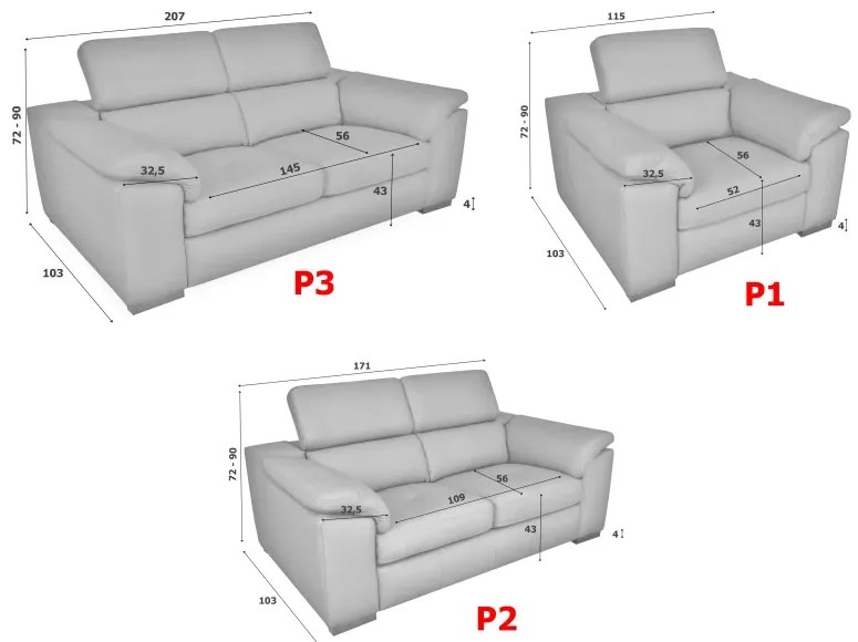 Moderní kožená sedací souprava LOREN II 3+2+1, šedá (madras - 128 grey)