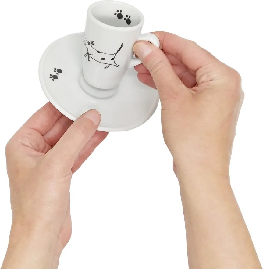 Porcelánový espresso šálek Běžící pes s podšálkem, 130 ml – ručně kreslená perokresba