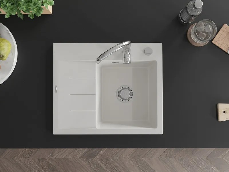 Mexen Ben, 1-komorový granitový dřez 600x500x190 mm, pravý + chromový sifon, bílá, 6523605000-20