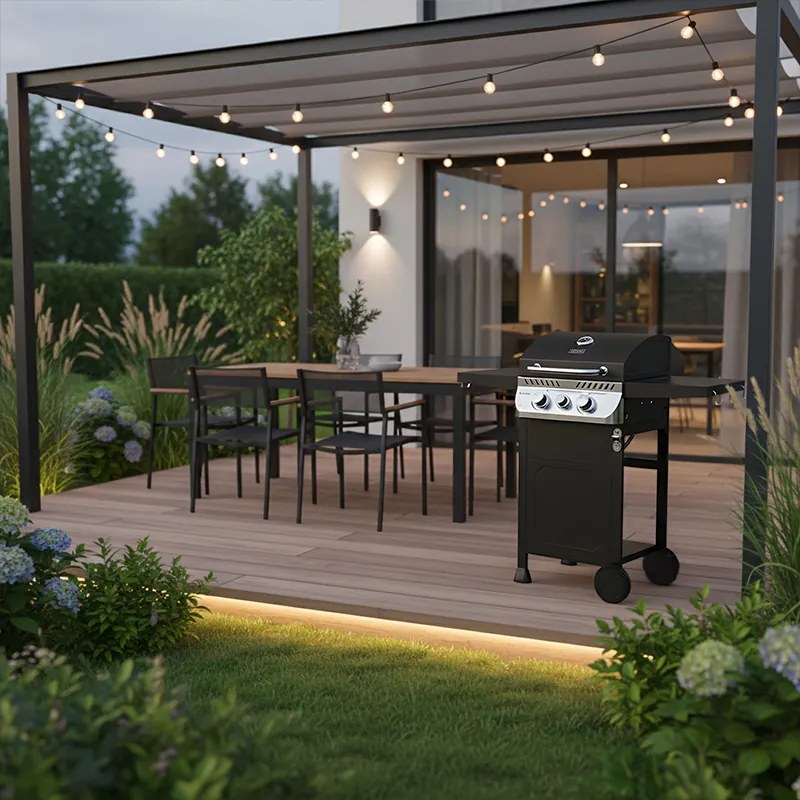 BPS-koupelny Plynový BBQ gril s boční plotýnkou, poličkou a krycí plachtou - , 2+1 hořák