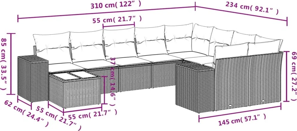10dílná zahradní sedací souprava s poduškami béžová polyratan 3255395