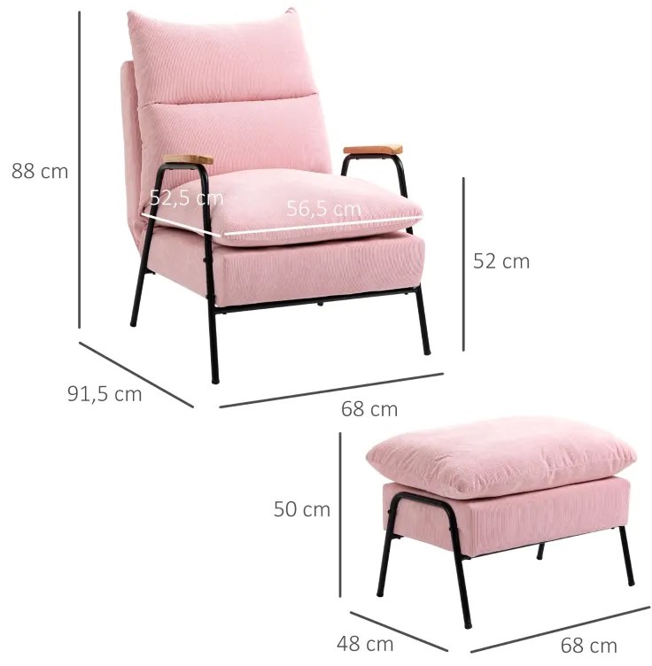 HOMCOM Polohovatelné relaxační křeslo s podnožkou, včetně polštářů, růžové, 68 x 91,5 x 88 cm 839-505V00PK