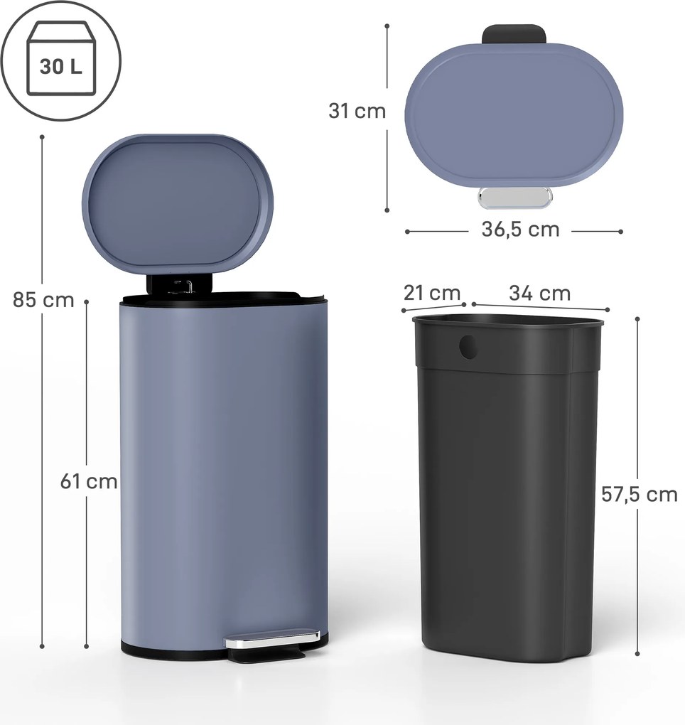 HOMCOM Kuchyňský odpadkový koš 30 litrů, pedálový koš s měkkým zavíráním víka, pedál z kovu, šedý, 36,5 x 31 x 61 cm