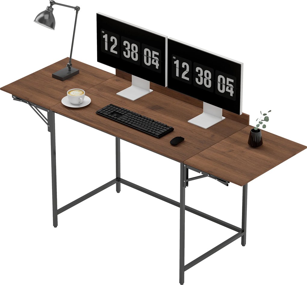 HOMCOM sklápěcí psací stůl počítačový stůl se 2 sklápěcími deskami pro 2 monitory, pro ložnice, malé prostory, 170 x 58 x 78 cm, ořech