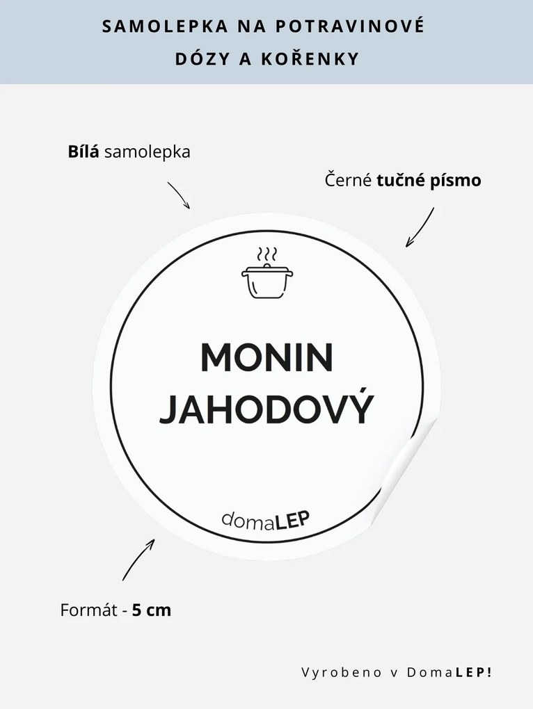 Samolepka na láhev MONIN JAHODOVÝ průměr 5 cm – bílá vinylová, voděodolná, omyvatelná samolepka na dózy, tučné písmo