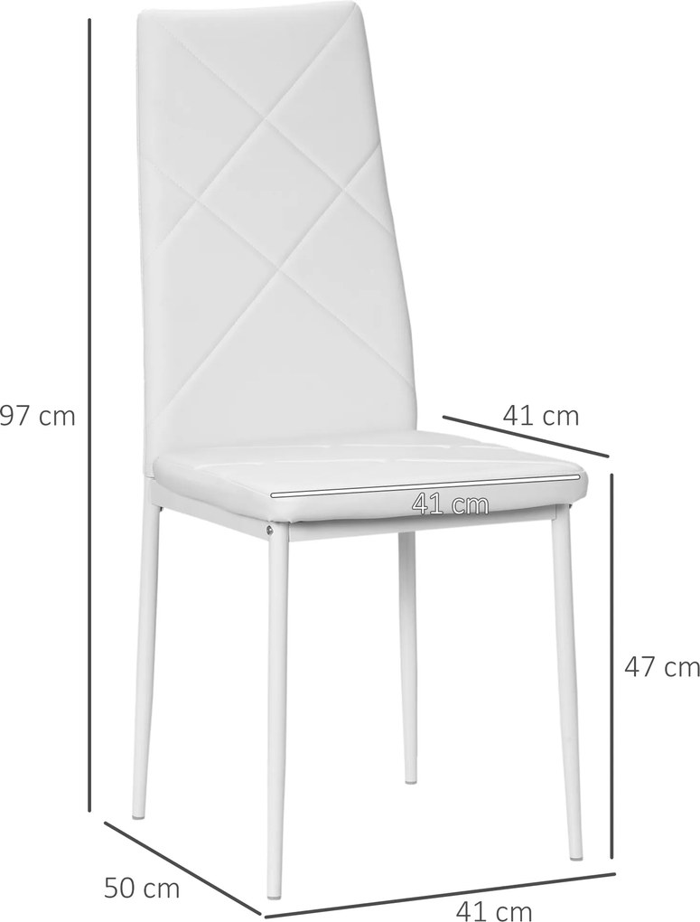 HOMCOM Jídelní židle, sada 4 kuchyňských židlí, čalouněné jídelní židle, jídelní židle, čalouněná židle s ocelovými nohami, imitace kůže, bílá | Aosom
