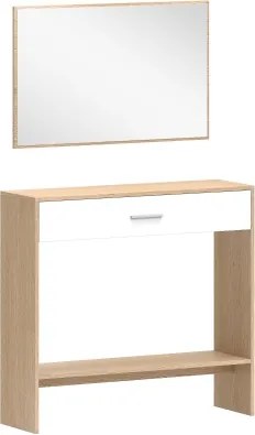 HOMCOM konzole + zrcadlo, úzký konzolový stolek se zásuvkou a policí, moderní styl, 91,5 x 27,9 x 85,5 cm, dub