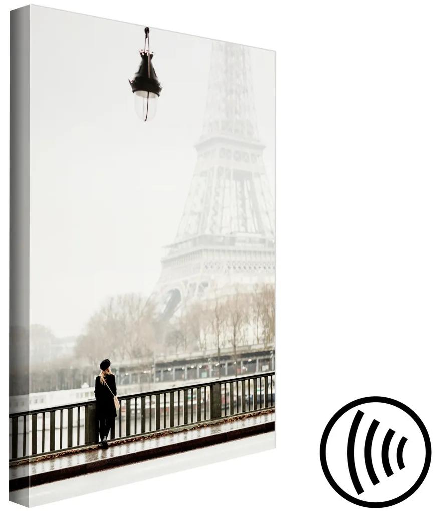Obraz Pohled na Paříž - fotografie se ženou na mostě a Eiffelova věž v pozadí