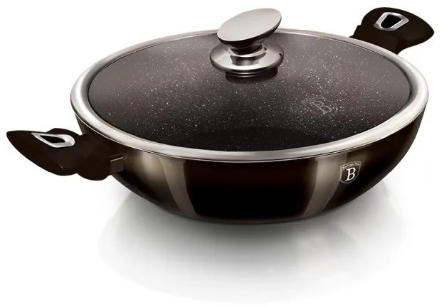 BERLINGERHAUS Wok pánev s poklicí s mramorovým povrchem 30 cm Shiny Black Edition BH-7115