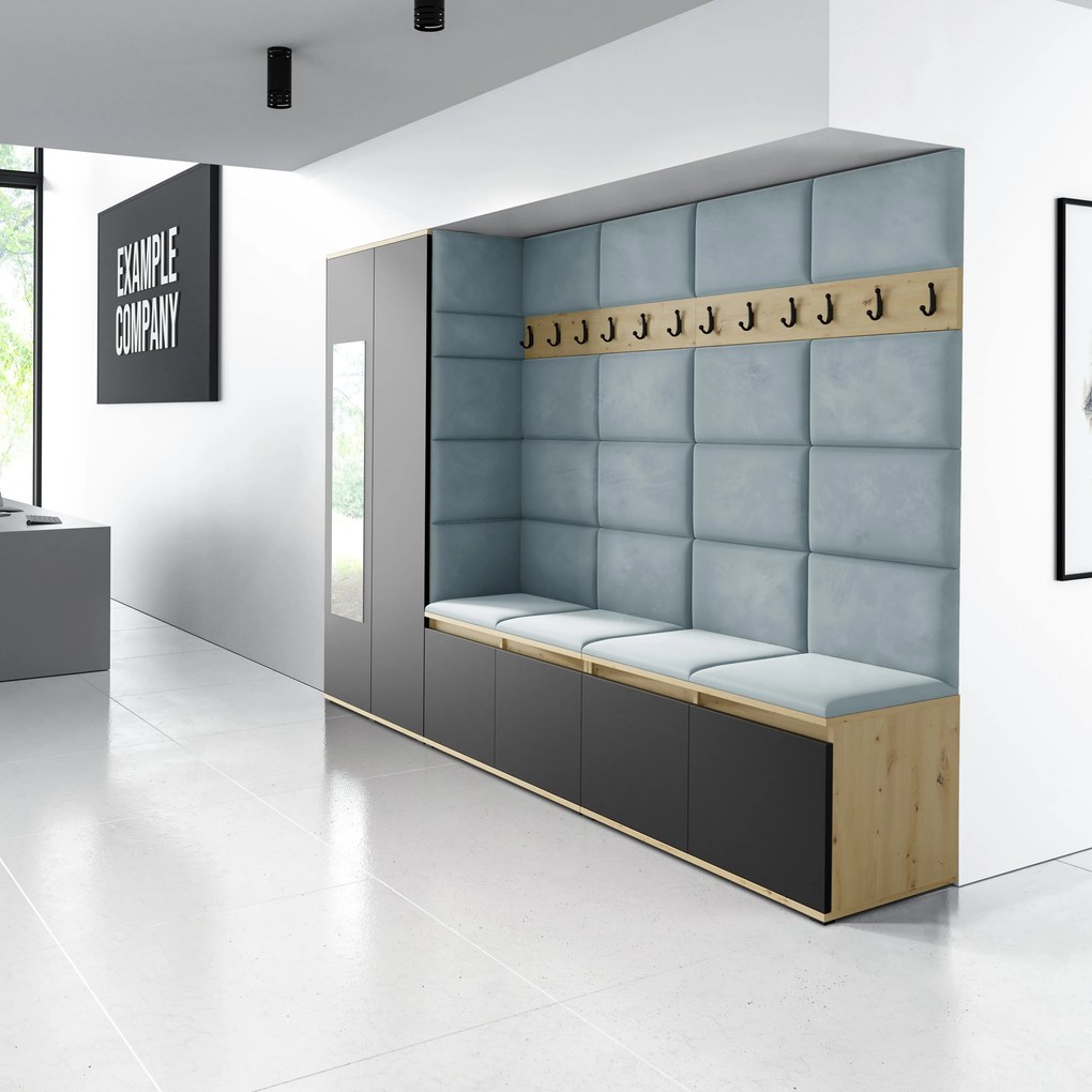 Eka Předsíňová stěna s čalouněnými panely Trinity 9 - Dub Artisan s černou / Světle modrá 2322