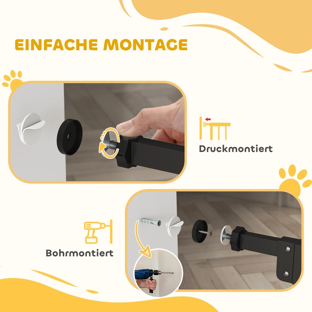 Dveřní mříž PawHut pro psy s dvojitým zámkem, nastavitelná délka 74-80x104cm, automatický zámek dveří, montáž bez vrtání, černá