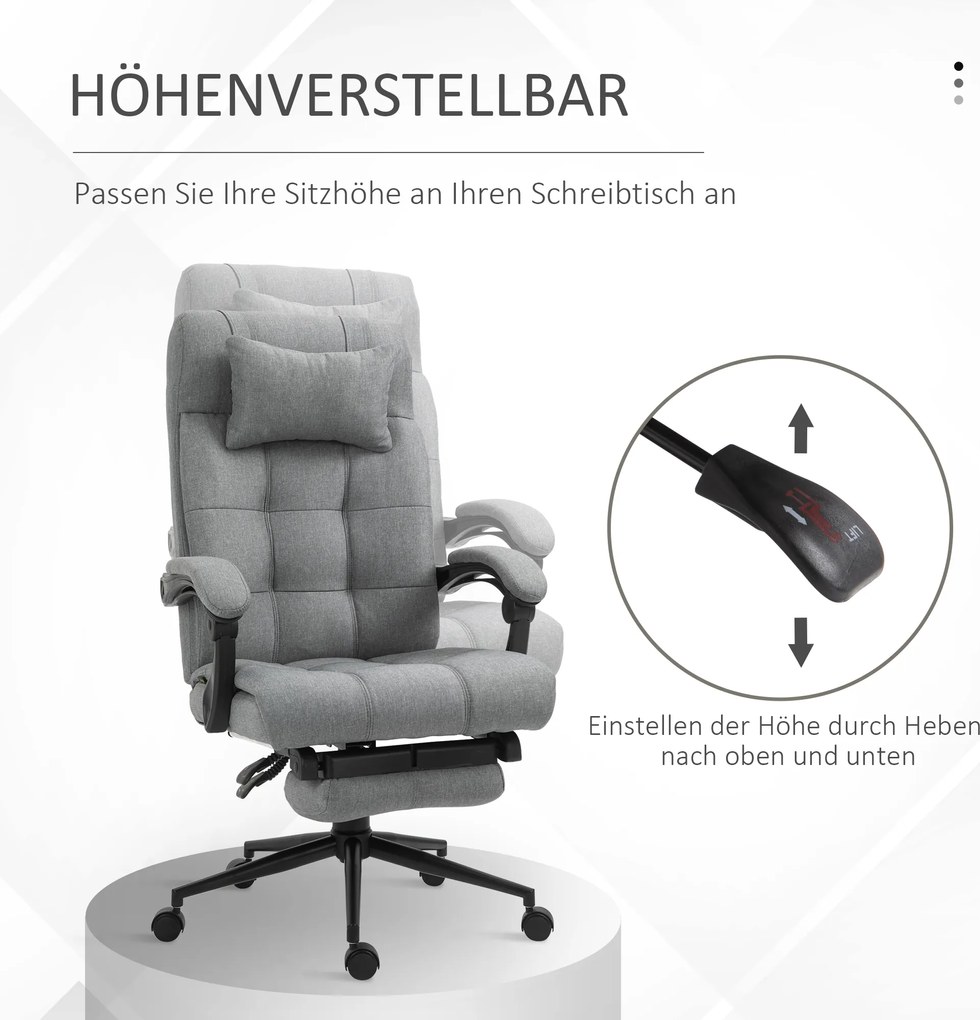 Kancelářská židle Vinsetto s polštářem pod hlavu a područkami, výškově nastavitelná otočná židle s podnožkou, lněná, ergonomická, 66 x 70 x 116-124 c…