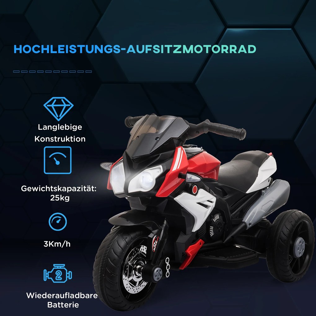 HOMCOM Dětská elektrická motorka 6V dětská motorka elektrické vozidlo s hudebním světlometem pro děti 3-5 let plast kov černá červená 3kmh