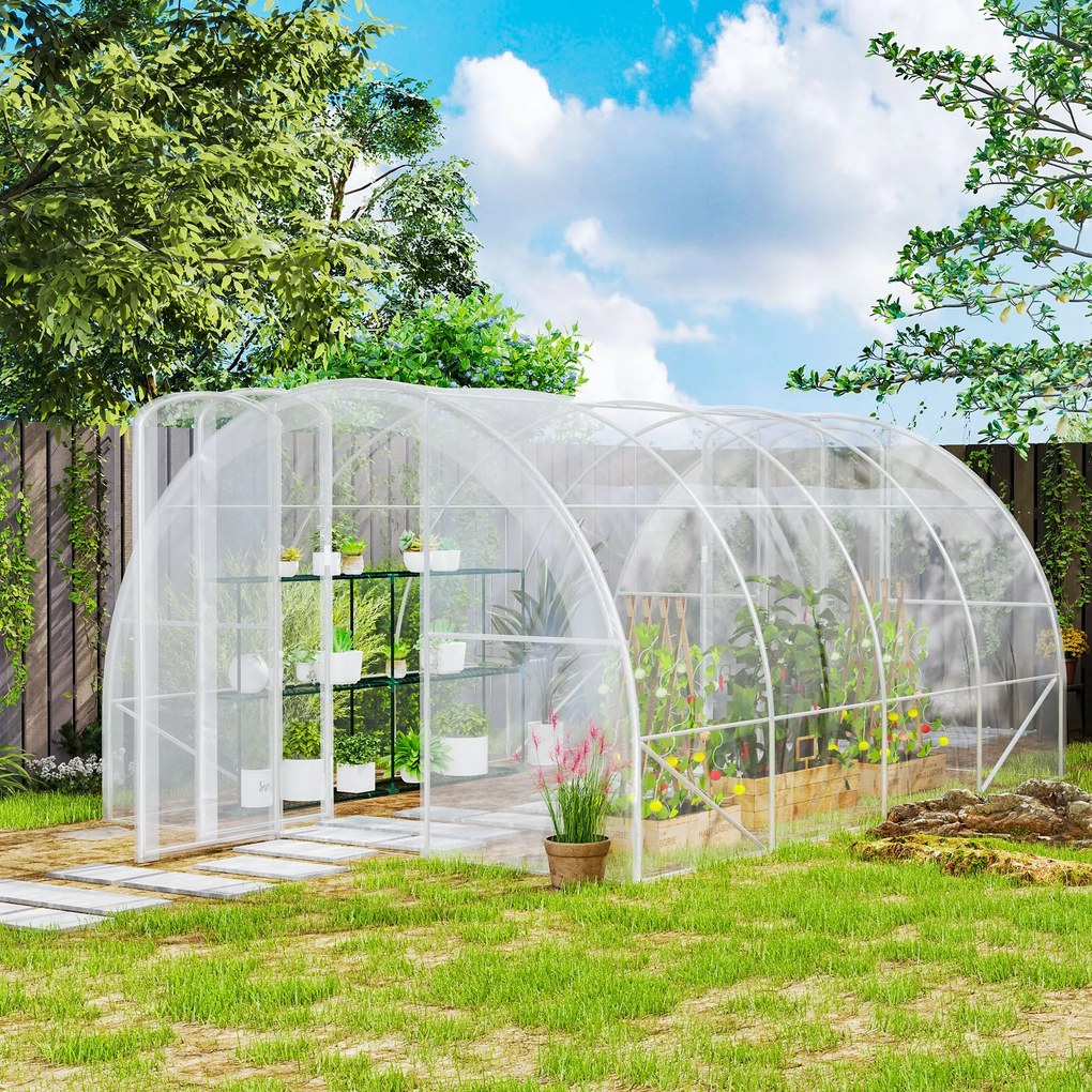 Outsunny Zeleninový Tunelový Skleník 4x3x2m s 2 Dveřmi a Pokrytím PE 150g/m², Pozinkovaný Ocelový Rám a Kulatá Střecha pro Pěstování Rostlin a Květin