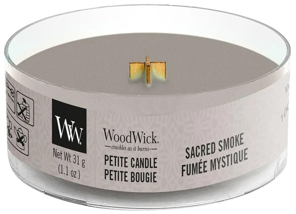 WoodWick - vonná svíčka Petite, Sacred Smoke (Dřevo Palo Santo) 31g
