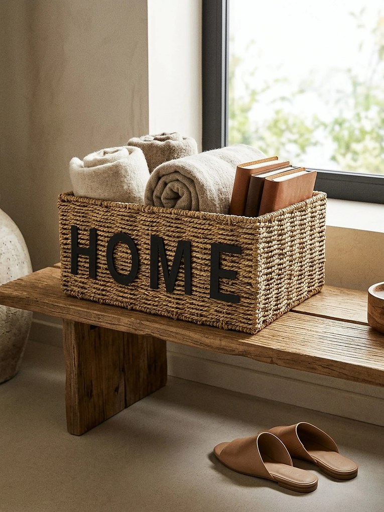 Sinsay - Pletený úložný koš s nápisem Home - béžová