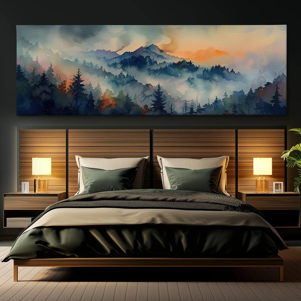 Obraz na plátně - Úsvit v mlžných lesích FeelHappy.cz Velikost obrazu: 240 x 80 cm
