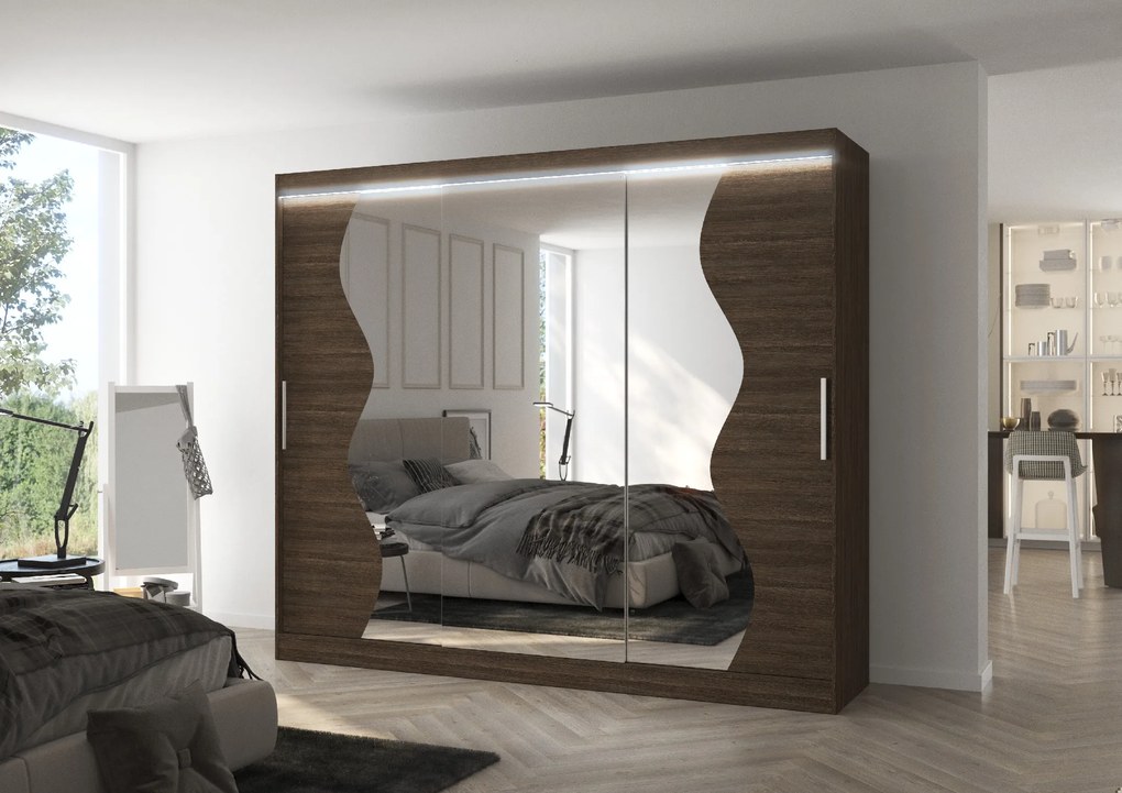 ADRK Furniture Posuvná skříň se zrcadlem a LED osvětlením SHARON 250 SW-SHA-CH-250+L-V397