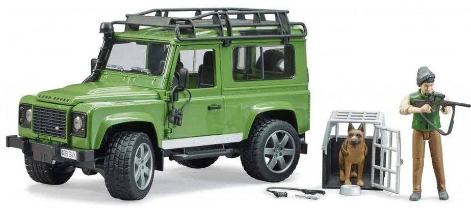 Bruder 02587 Land Rover Defender, figurka myslivce a psa