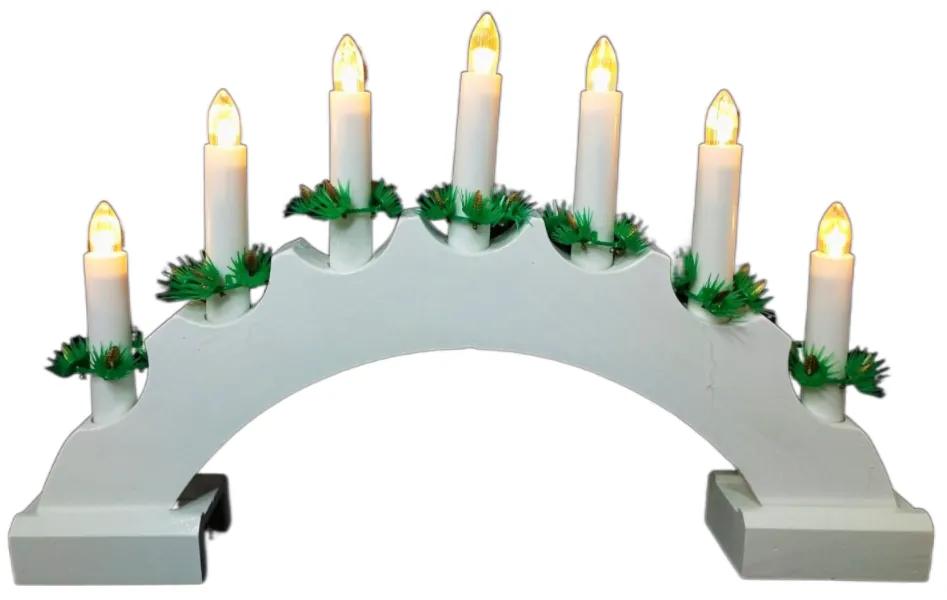 Vánoční dřevěný svícen ve tvaru oblouku, bílá, 7 svíček, teplá bílá, na baterie