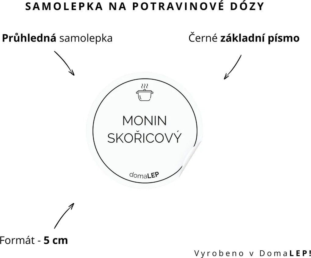 MONIN SKOŘICOVÝ - omyvatelná samolepka na dózu, výběr rozměrů Ø 5 cm / 5 x 5 cm / 6 x 8 cm | DomaLEP tvar: OBDÉLNÍK, barva: PRŮHLEDNÁ - ČERNÉ písmo, velikost: š. 6 cm x v. 8 cm - tučné písmo