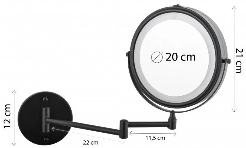 Erga Eda, LED osvětlené kosmetické zrcadlo na make-up ø20 cm, černá matná, ERG-YKA-CH.EDA-BLK