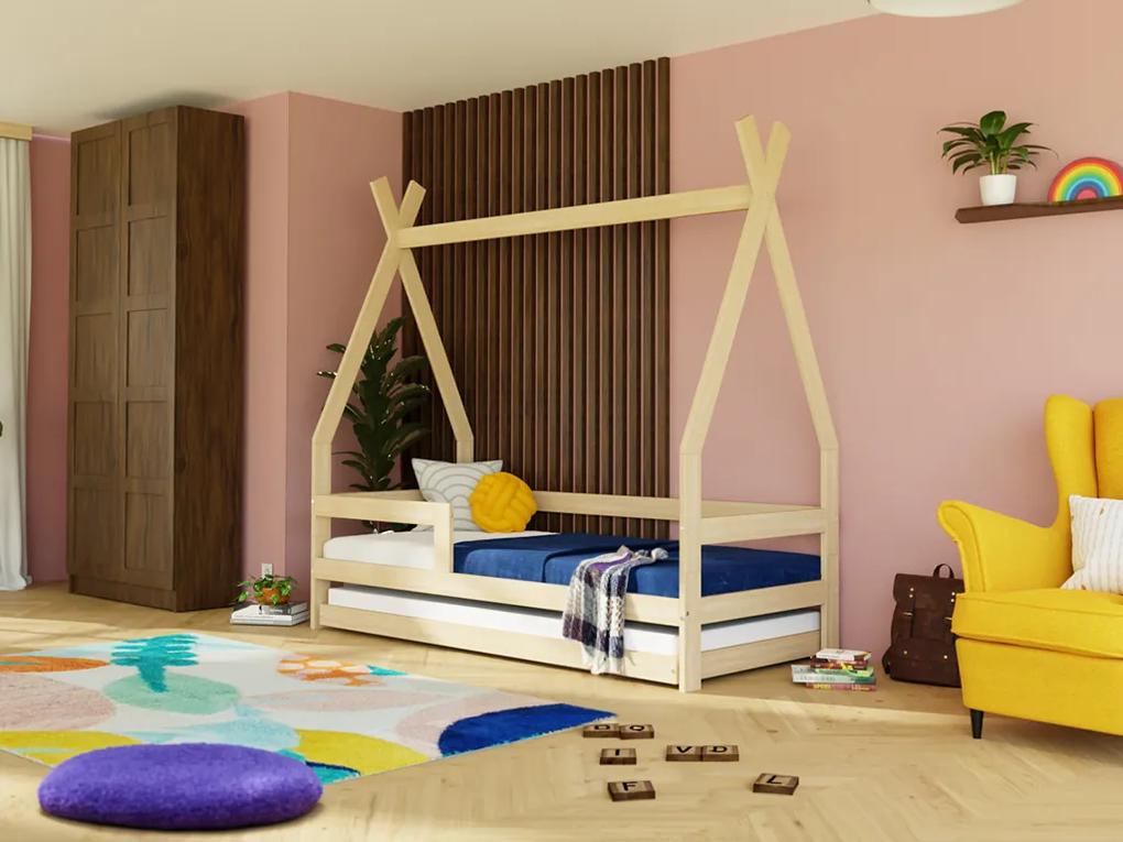 Benlemi Dětská dřevěná postel SAFE 5v1 ve tvaru teepee se zábranou a přistýlkou Zvolte barvu: Béžová, Zvolte rozměr: 90x180 cm, Zvolte zábranu: S otevřeným vstupem