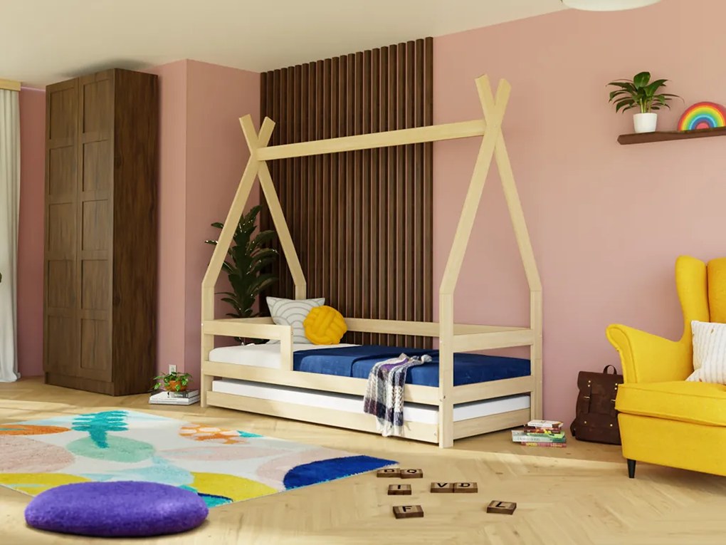 Benlemi Dětská dřevěná postel SAFE 5v1 ve tvaru teepee se zábranou a přistýlkou Zvolte barvu: Béžová, Zvolte rozměr: 90x190 cm, Zvolte zábranu: Se dvěma zábranami