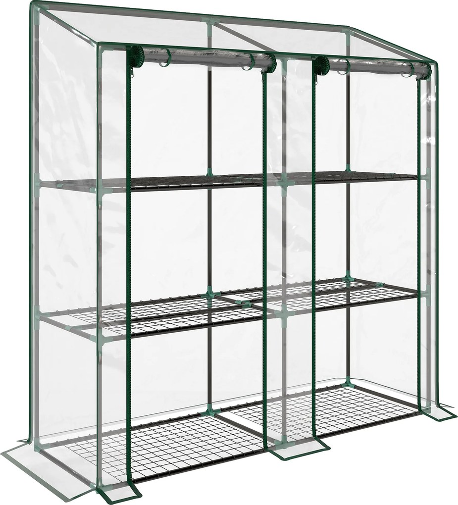 Outsunny 3-patrový zahradní skleník s policemi a šikmou střechou, 2 zipové dveře pro pěstování rostlin na terase 143x46x141/151 cm Průhledný