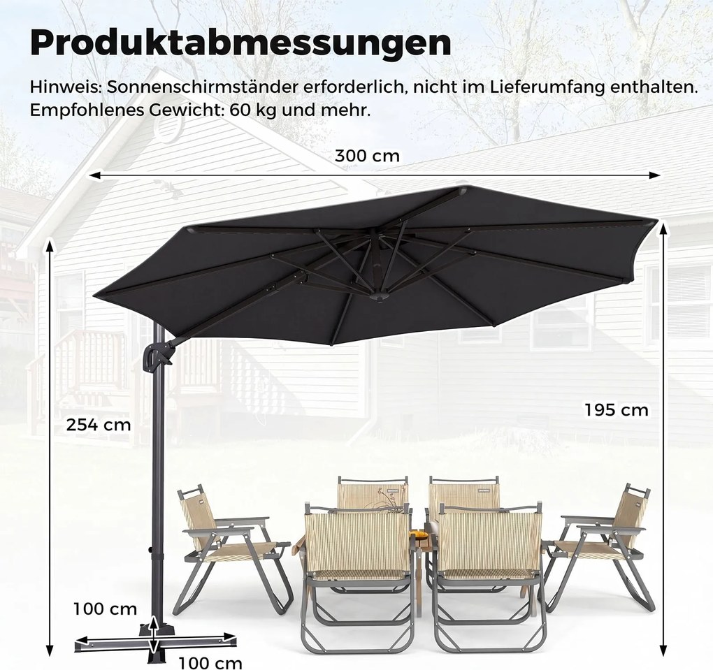 Costway Konzolový deštník Ø 300 cm 360° Otočný klikou a nožním pedálem, šedá