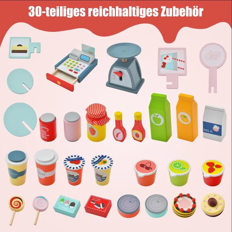 Costway Dětský dřevěný jídelní vozík na 3 kolečkách s pokladnou Food