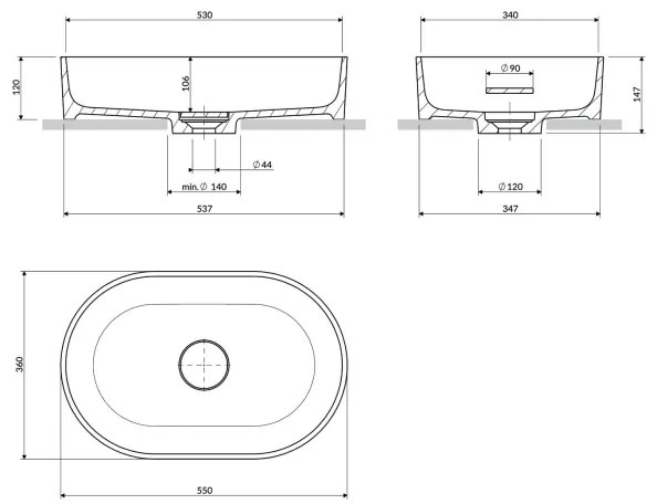 OMNIRES OVOUNBLV - Umyvadlo na desku OVO 55x36 cm dolomit/matná černá láva