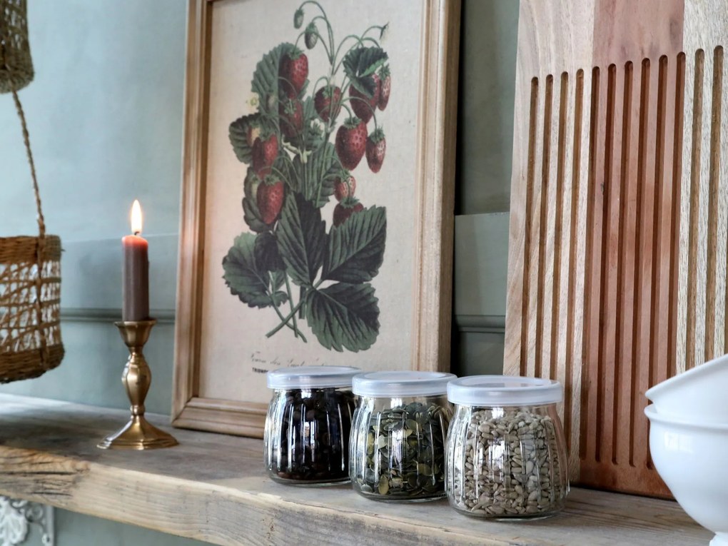 Chic Antique Botanický obraz v rámu Strawberry 43x33cm, červená barva, zelená barva, přírodní barva, dřevo, textil
