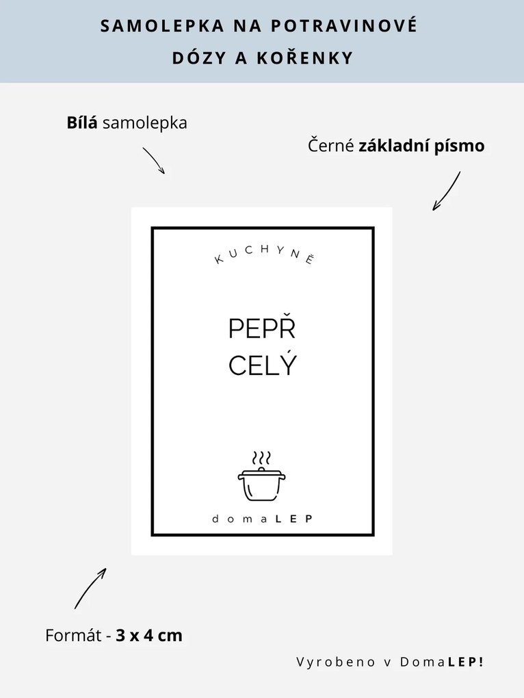 Samolepka na kořenky PEPŘ CELÝ bílá 3 × 4 cm základní písmo